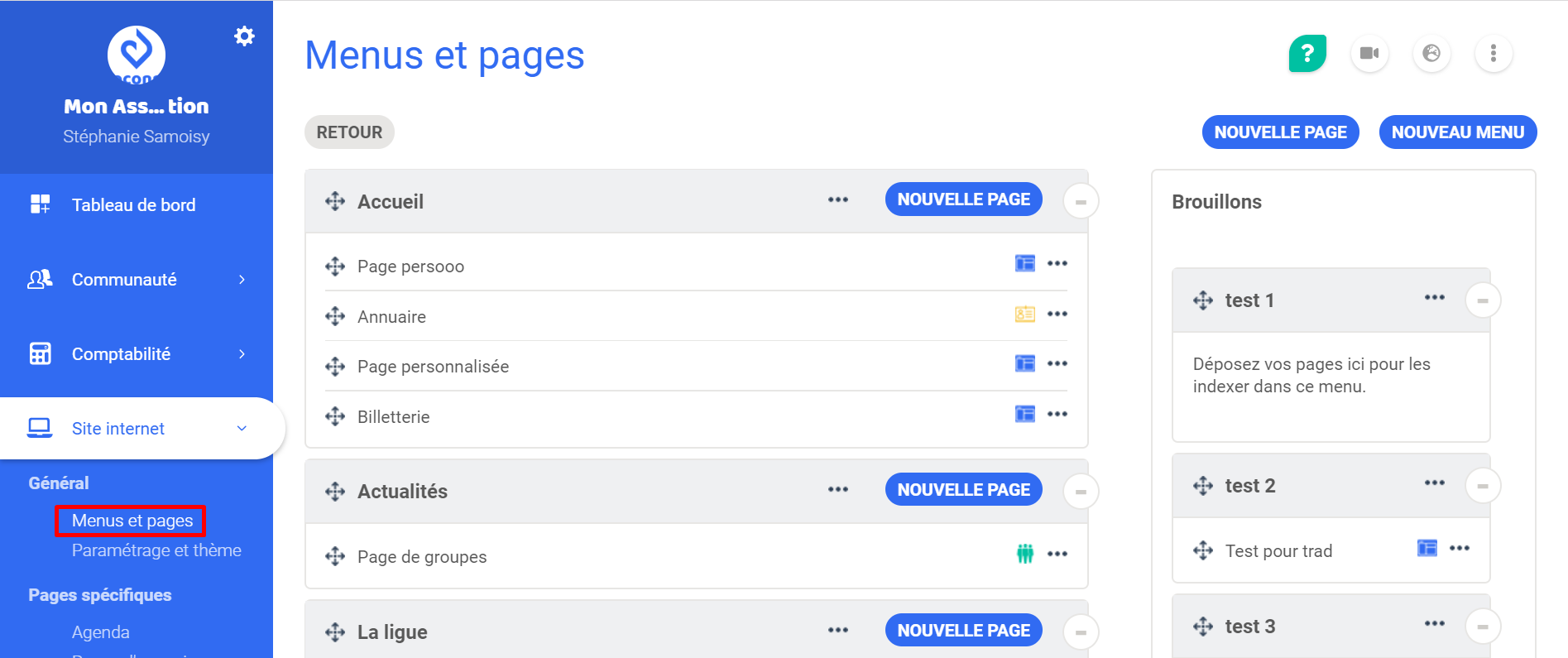 Gérer la visibilité des menus et pages du site – Centre d'Aide
